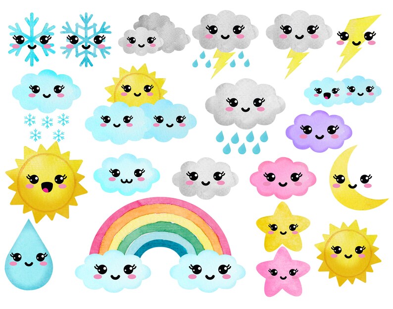Watercolor Kawaii Weather Clipart - Sun Moon Clouds Rain Snowflake ...