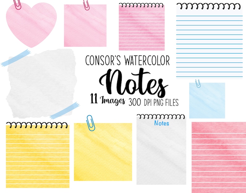 Watercolor Note Paper Clipart Stationary Graphics Planner Illustration ...