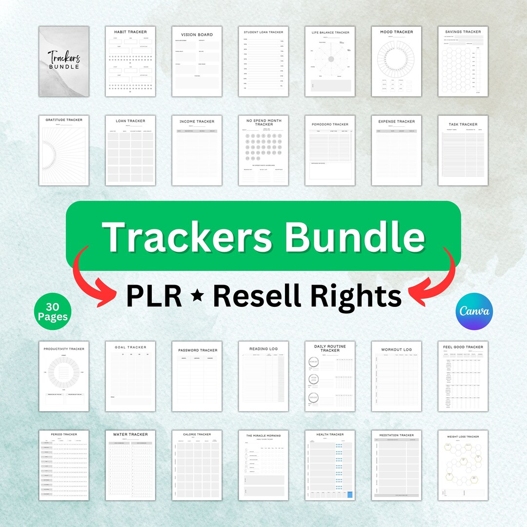 Trackers Bundle, PLR Planner Master Resell Rights Printable, Canva ...