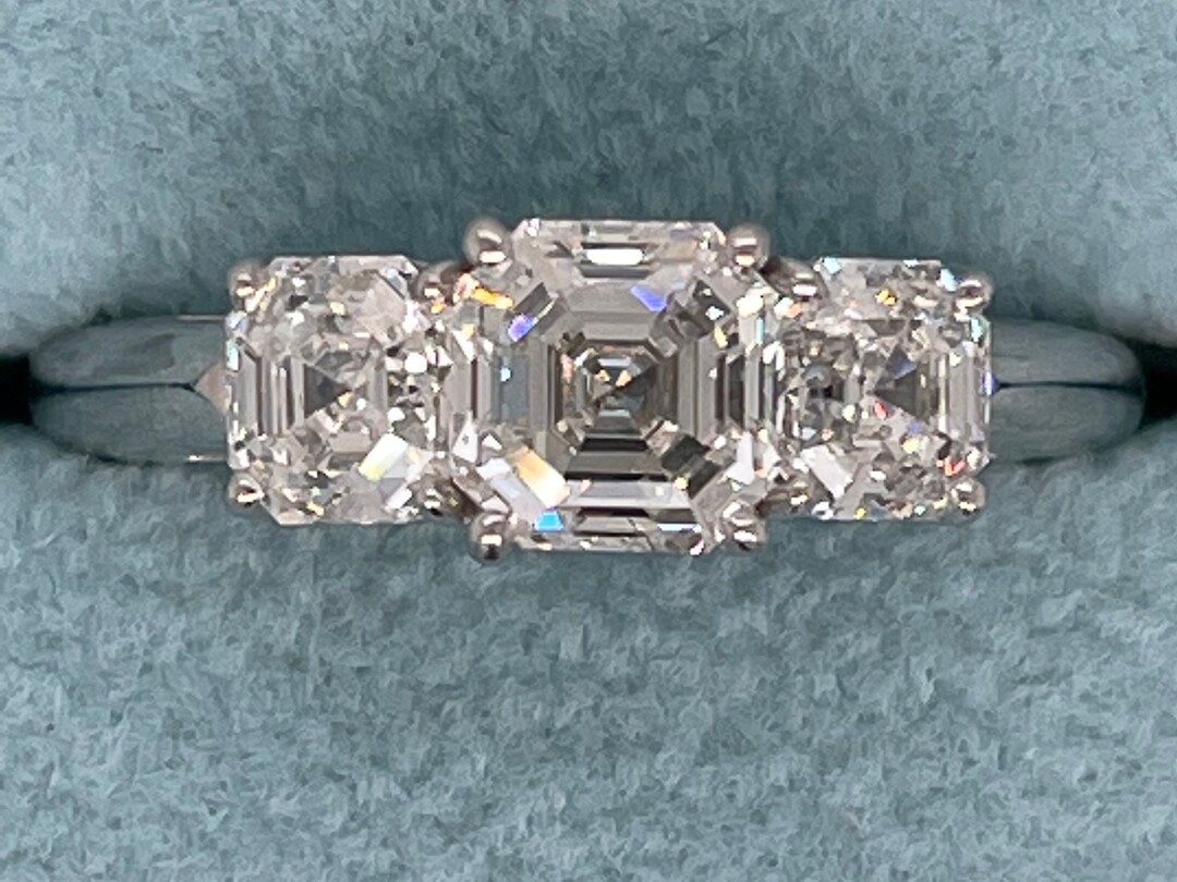 Platinum 3 Stone Square Emerald Cut Diamond Ring 2.12 Carat Total ...