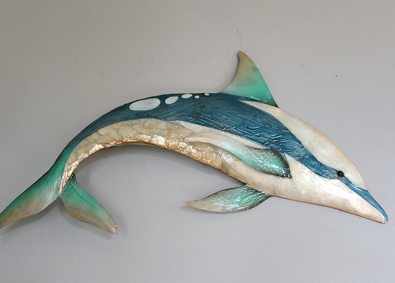 Dolphin Metal Wall Art Made Unique With Capiz Shells Nautical Coastal ...