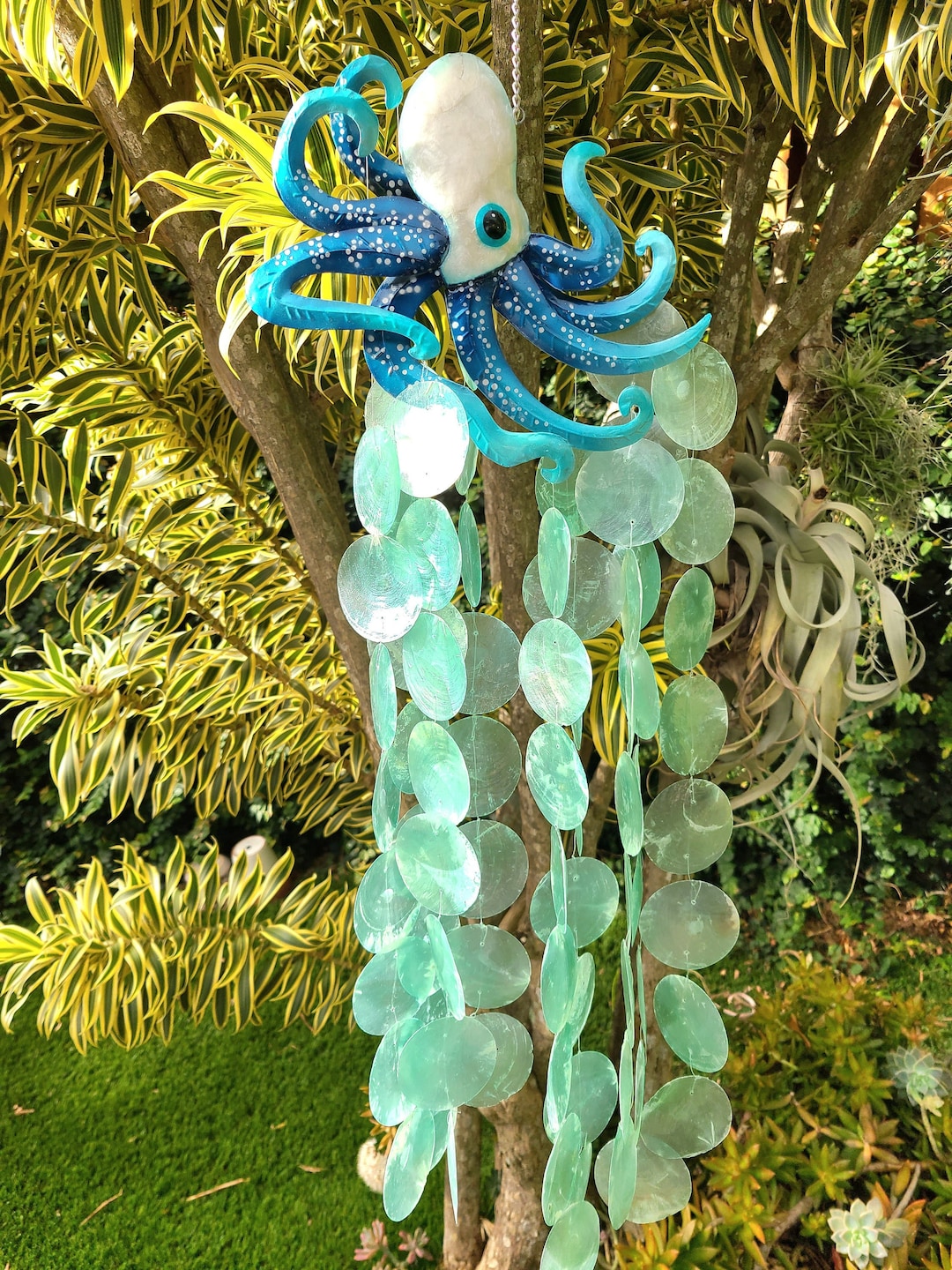 Octopus Wind Chime Made Unique With Capiz Shells Tropical Outdoor Patio ...