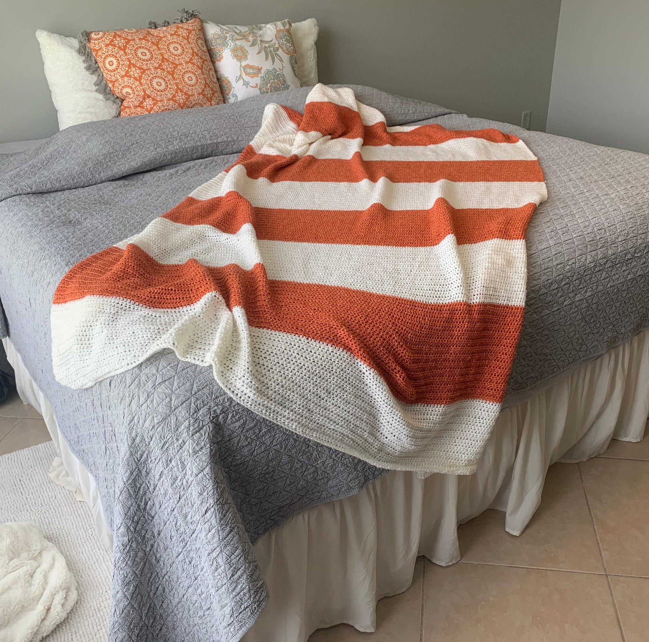 Crochet Throw Blanket Orange/ivory - Etsy