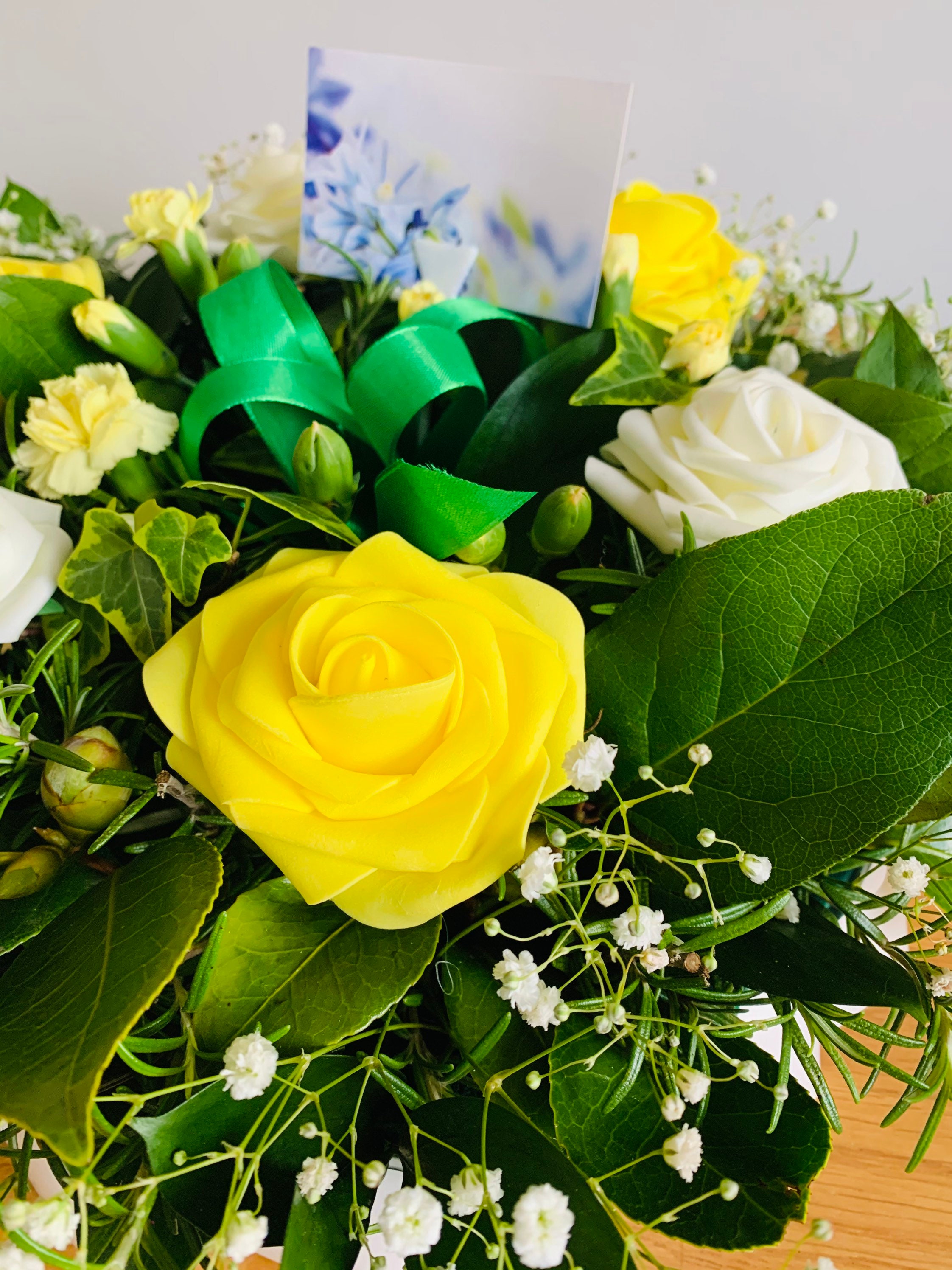 Posy Pad Flower Arrangement With Fresh Foliage & Faux Roses - Etsy UK