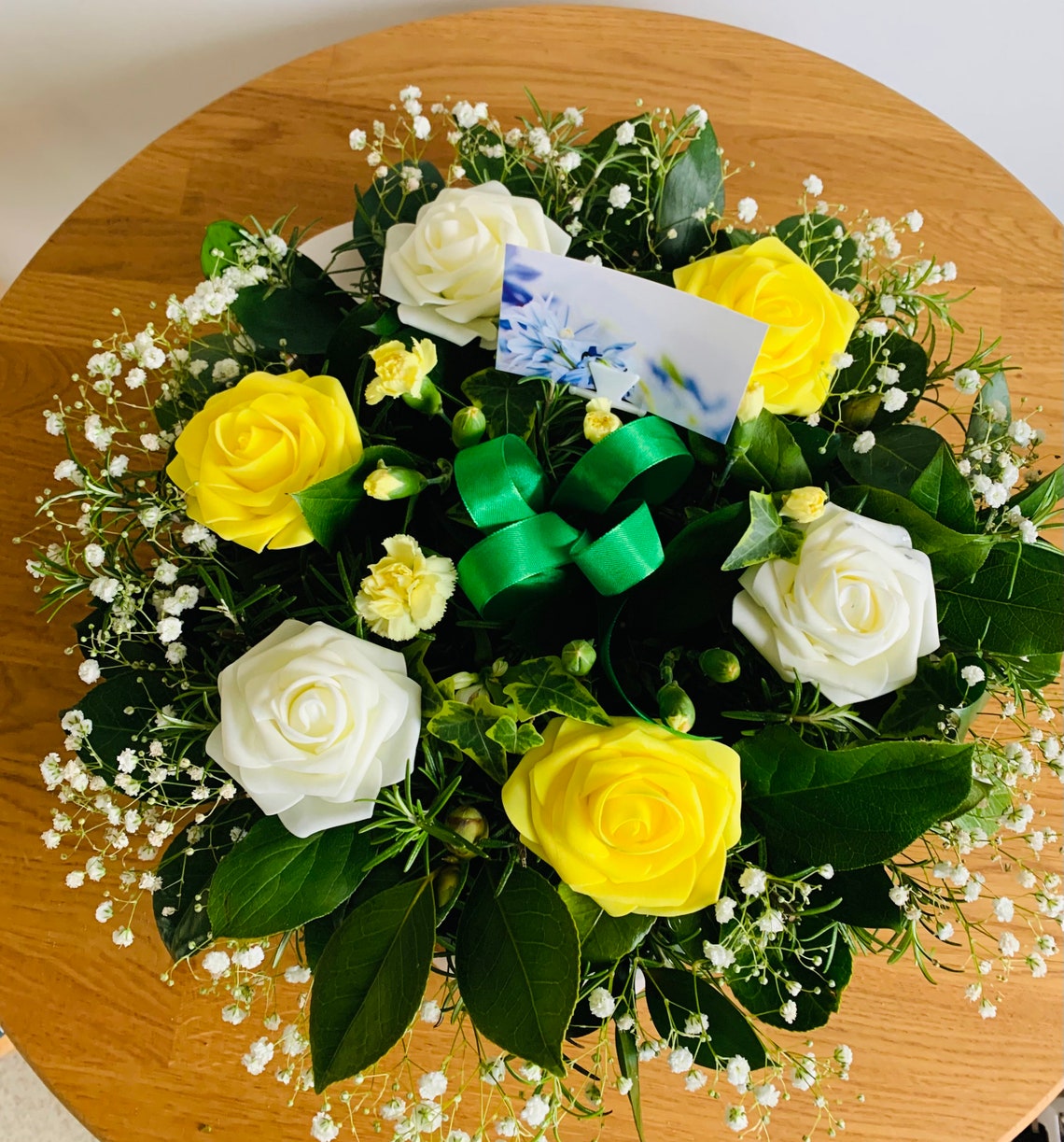 Posy Pad Flower Arrangement With Fresh Foliage & Faux Roses - Etsy