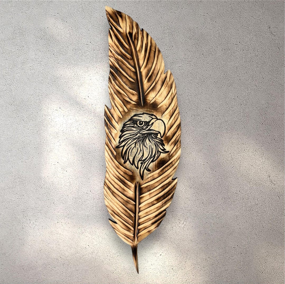 Wood Feather Art, Wood Burned Wall Art, Wooden Eagle Wall Decor, Rustic ...