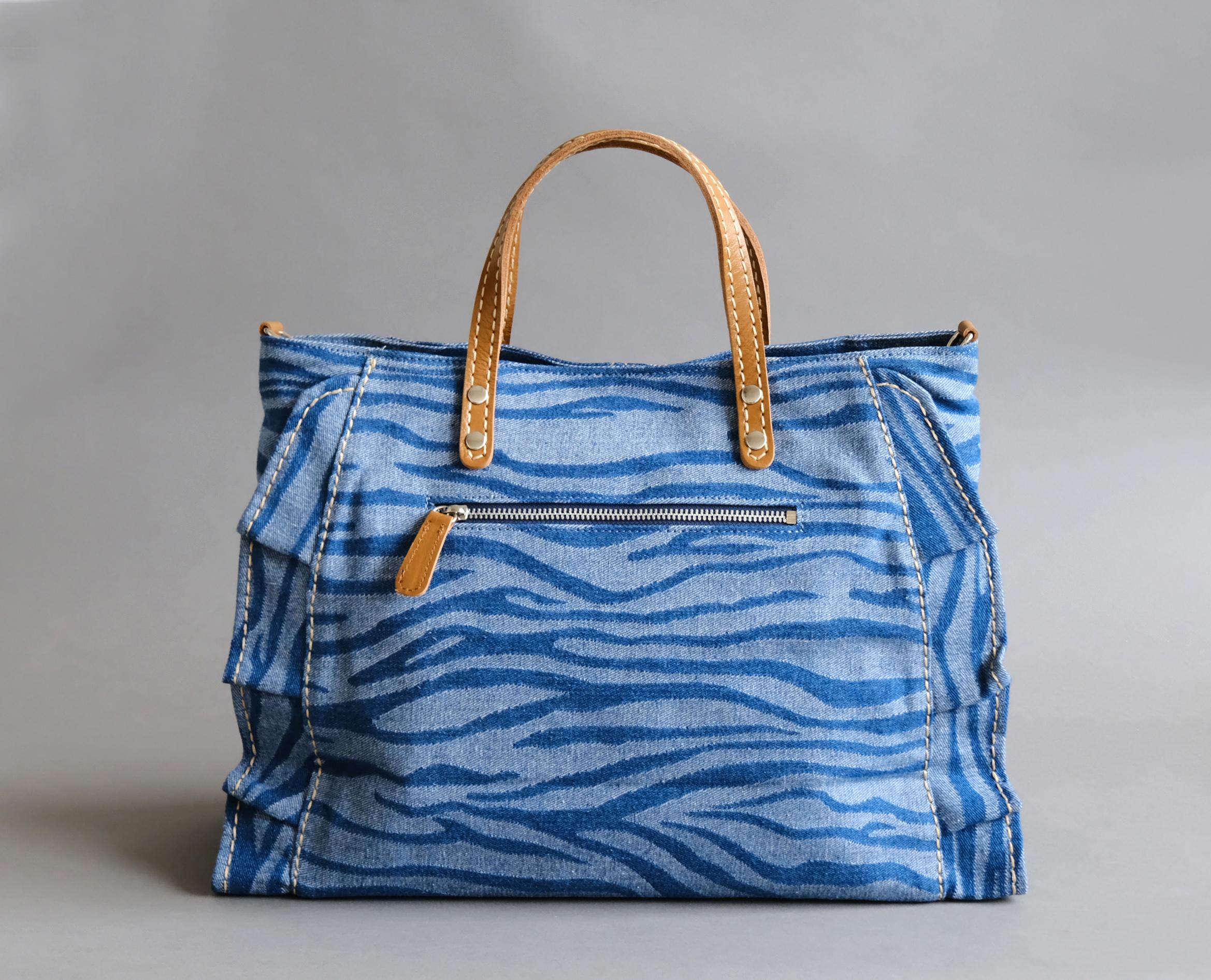 Denim Ruffle Handbag With Leather Handle, Denim Tote Bag, Jean ...