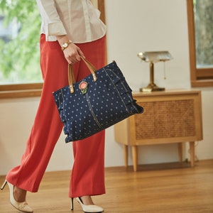 Denim Ruffle Handbag With Leather Handle, Denim Tote Bag, Jean ...