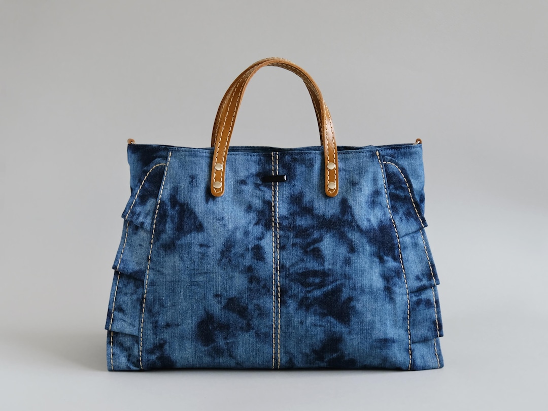 Denim Ruffle Handbag With Leather Handle, Denim Tote Bag, Jean ...