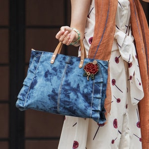 Denim Ruffle Handbag With Leather Handle, Denim Tote Bag, Jean ...