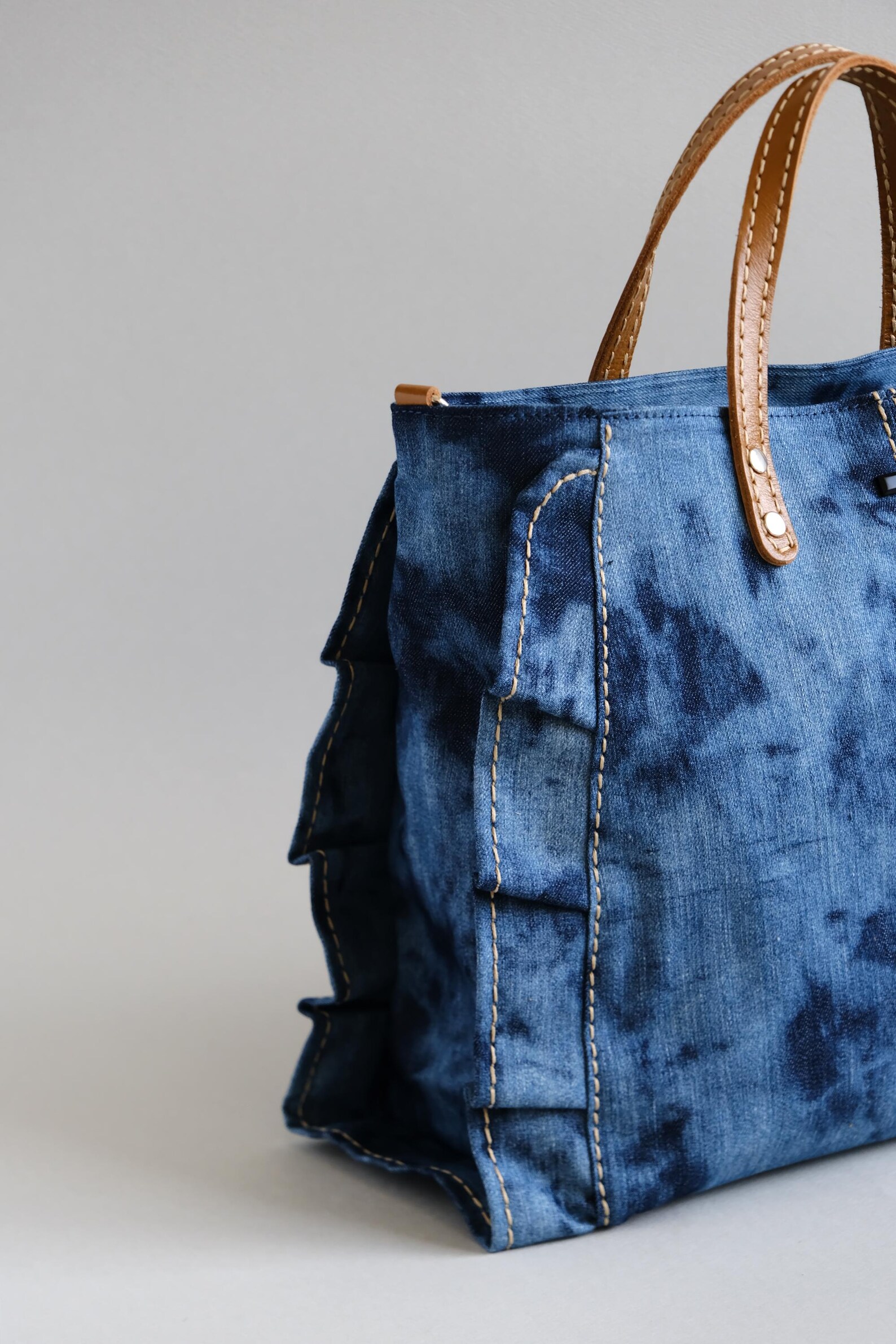 Denim Ruffle Handbag With Leather Handle, Denim Tote Bag, Jean ...