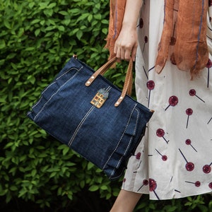 Denim Ruffle Handbag With Leather Handle, Denim Tote Bag, Jean ...