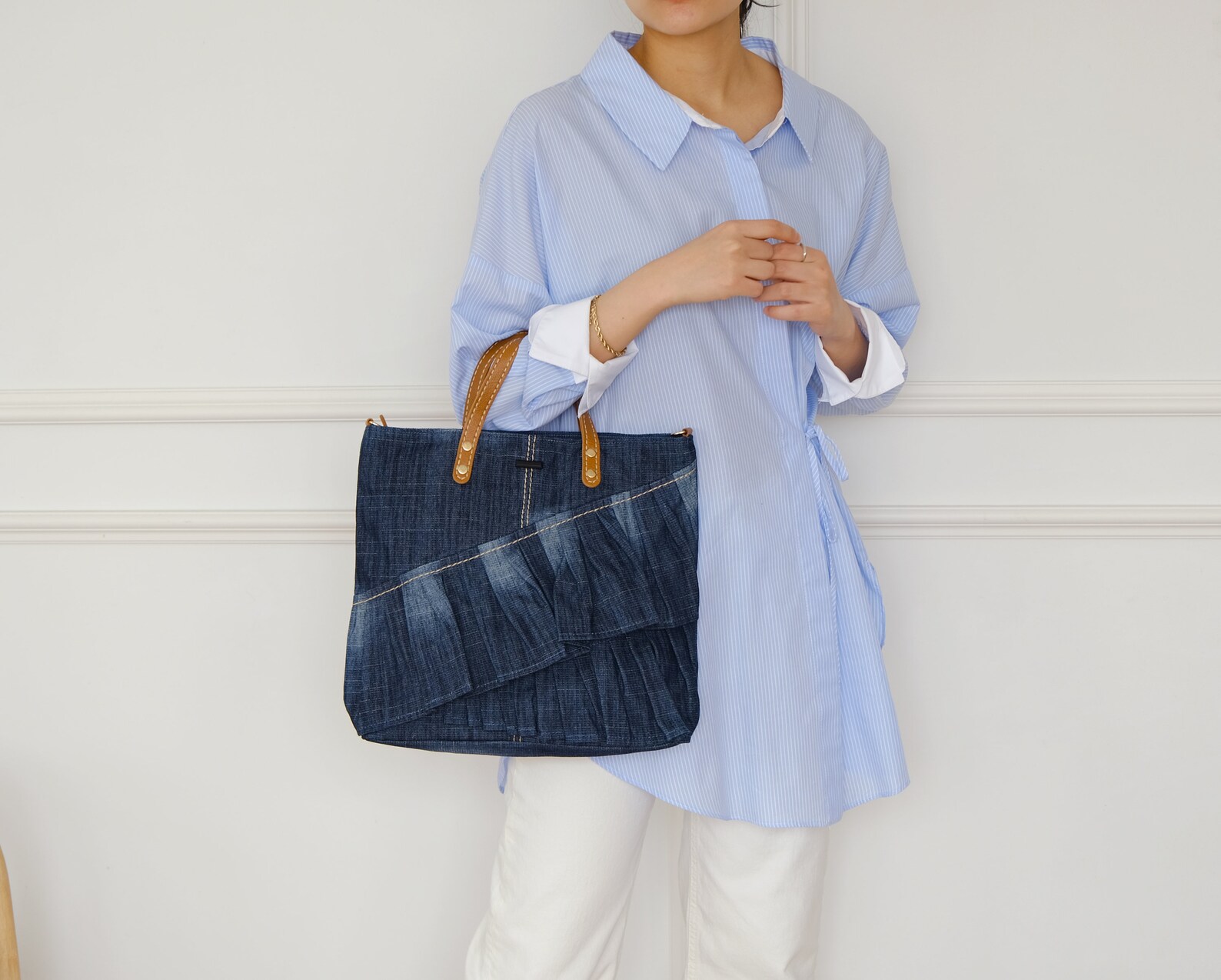 Denim Handbag Ruffle Denim Jean Tote Bag Canvas Tote Bag for - Etsy