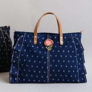 Denim Ruffle Handbag With Leather Handle, Denim Tote Bag, Jean ...