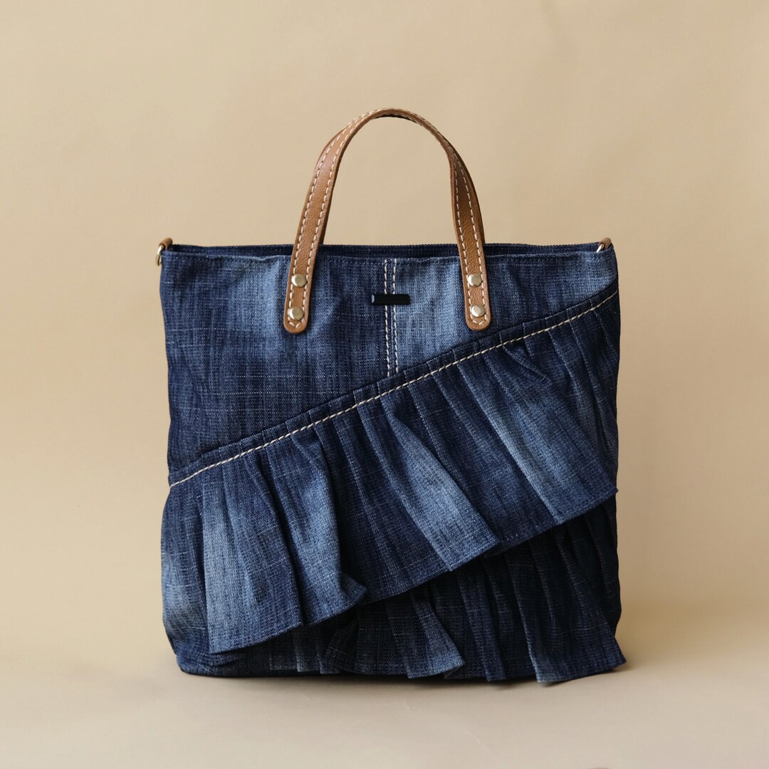 Denim Handbag, Ruffle Denim Jean Tote Bag, Canvas Tote Bag for Women ...