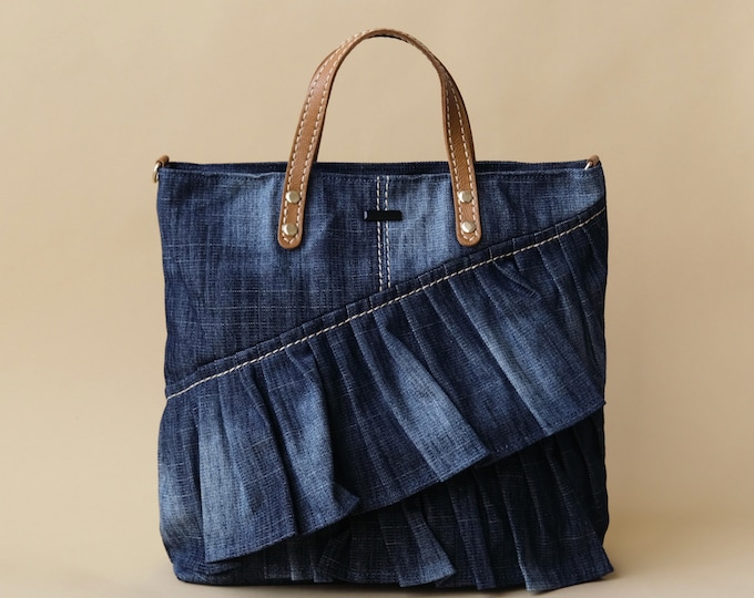 Denim Handbag, Ruffle Denim Jean Tote Bag, Canvas Tote Bag for Women ...