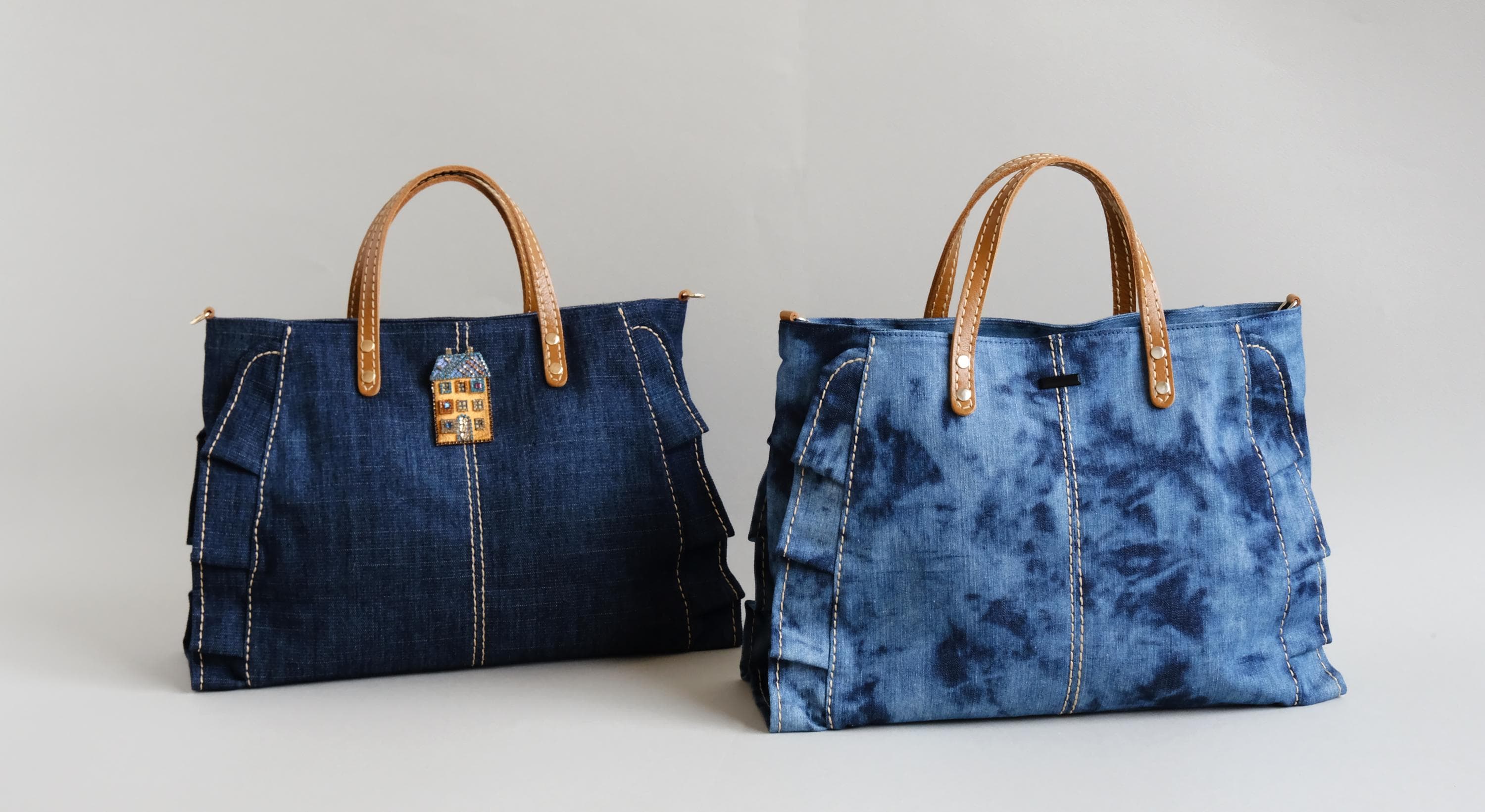 Denim Ruffle Handbag With Leather Handle, Denim Tote Bag, Jean ...