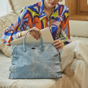 Denim Ruffle Handbag With Leather Handle, Denim Tote Bag, Jean ...