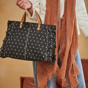 Denim Ruffle Handbag With Leather Handle, Denim Tote Bag, Jean ...