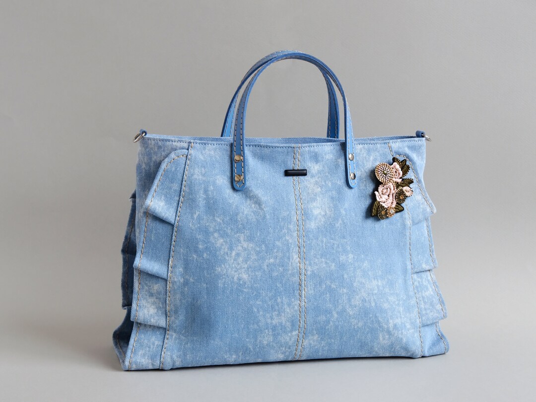 Denim Ruffle Handbag, Denim Shoulder Bag, Jean Crossbody Purse, Canvas ...