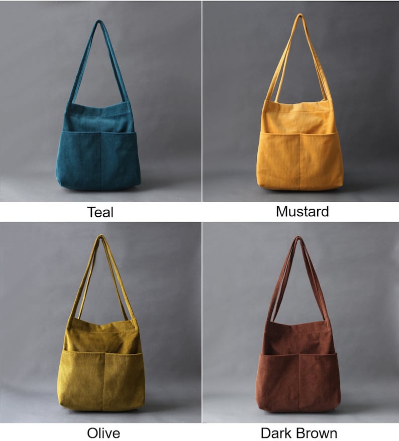 Double Pocket Soft Corduroy Tote Bag Beige Women Tote Bag Etsy