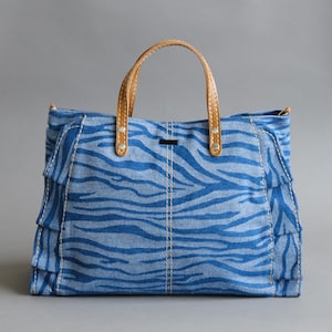 Denim Ruffle Handbag With Leather Handle, Denim Tote Bag, Jean ...