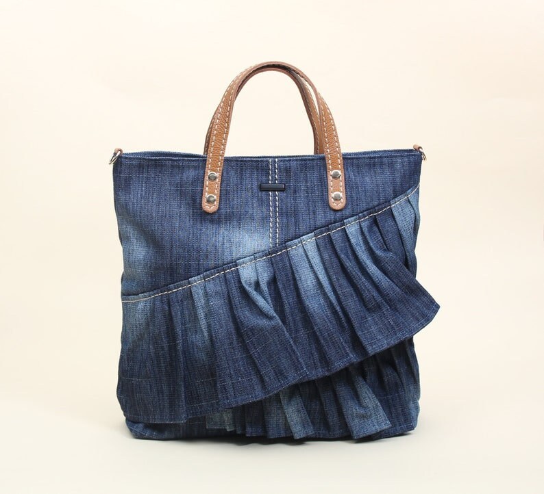 Denim Handbag Ruffle Denim Jean Tote Bag Canvas Tote Bag for - Etsy