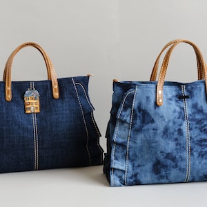 Denim Ruffle Handbag With Leather Handle, Denim Tote Bag, Jean ...