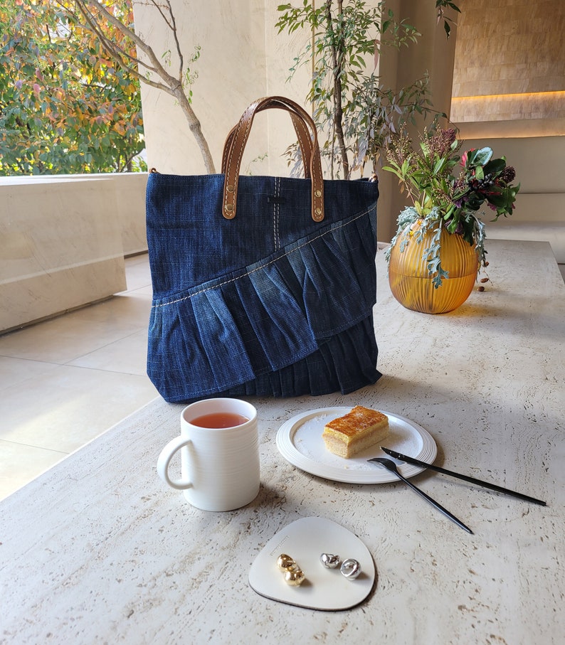 Denim Handbag Ruffle Denim Jean Tote Bag Canvas Tote Bag for - Etsy