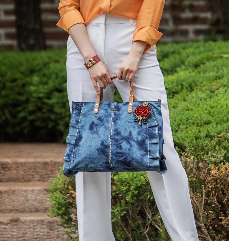 Denim Ruffle Handbag With Leather Handle, Denim Tote Bag, Jean ...