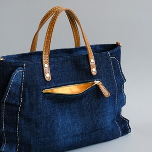 Denim Ruffle Handbag With Leather Handle, Denim Tote Bag, Jean ...