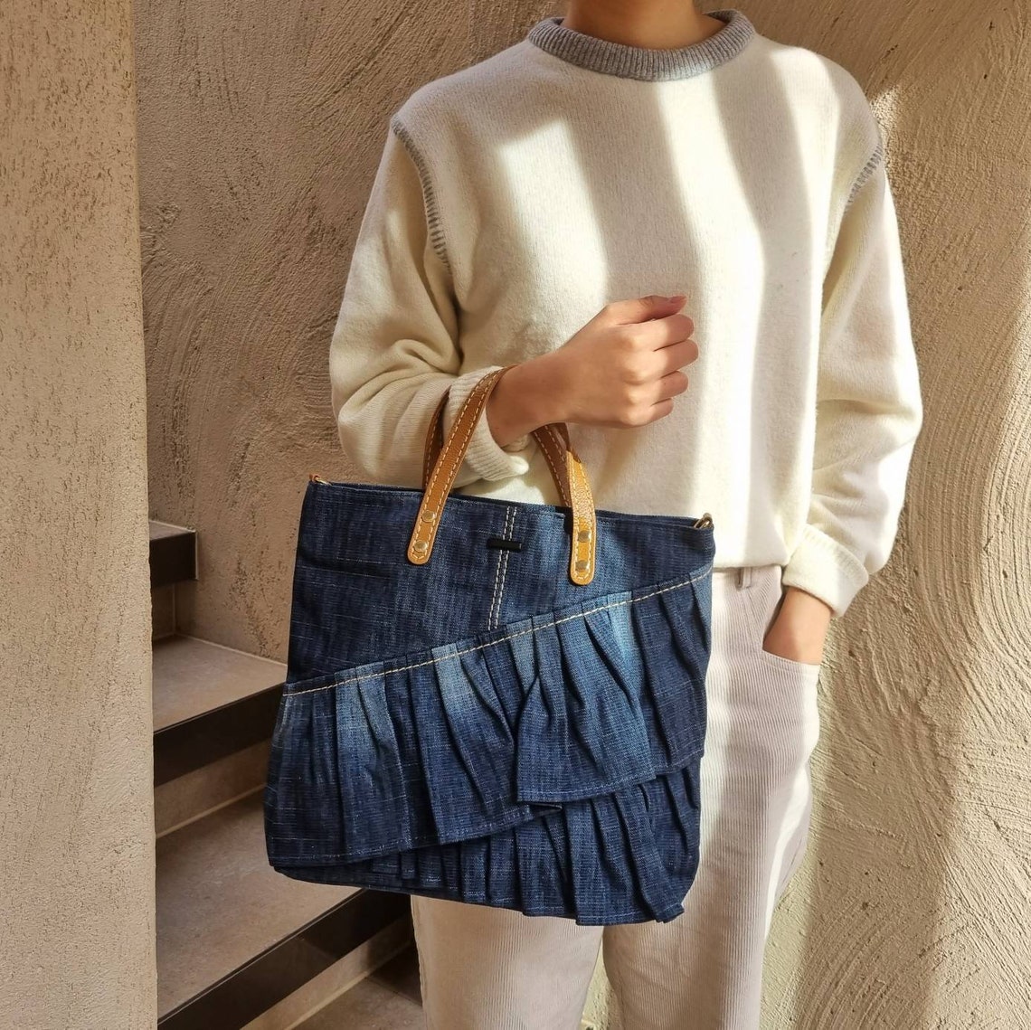 Denim Handbag Ruffle Denim Jean Tote Bag Canvas Tote Bag for - Etsy
