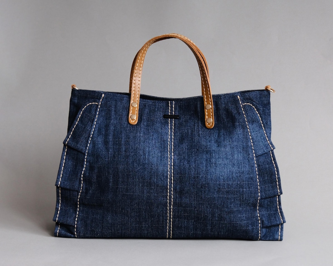 Denim Ruffle Handbag With Leather Handle, Denim Tote Bag, Jean ...