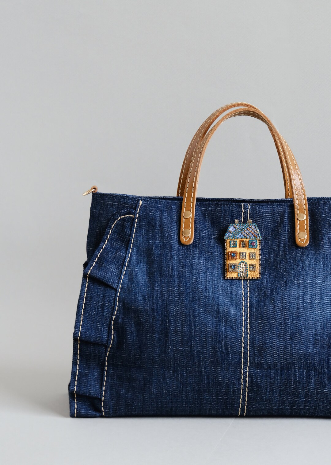 Denim Ruffle Handbag With Leather Handle, Denim Tote Bag, Jean ...