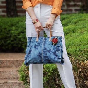 Denim Ruffle Handbag With Leather Handle, Denim Tote Bag, Jean ...