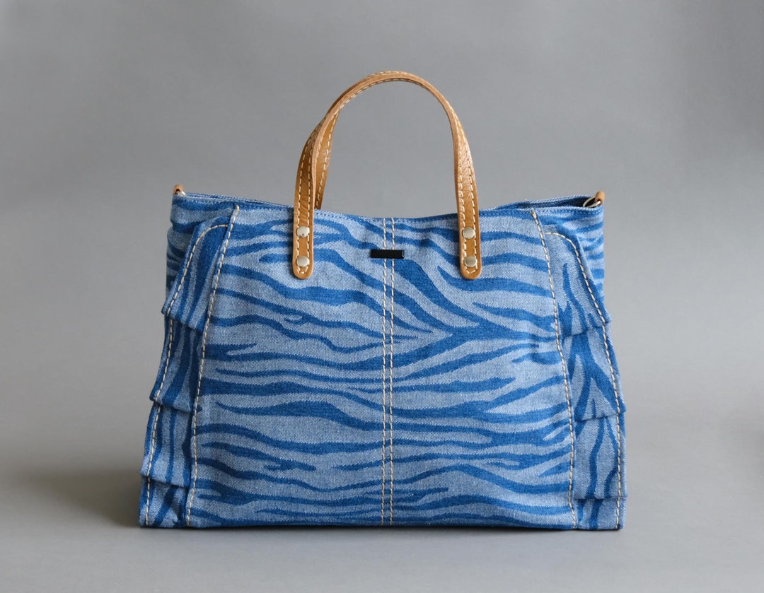 Denim Ruffle Handbag With Leather Handle, Denim Tote Bag, Jean ...