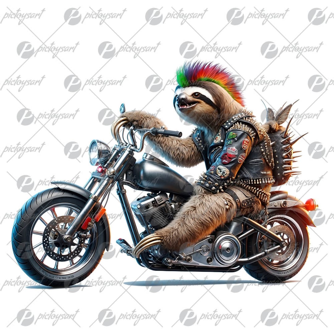 Sloth Punk on Motorbike, Cool Animal Motorcyclist, Road Beast and Motorcycle, Moto Racing and ...