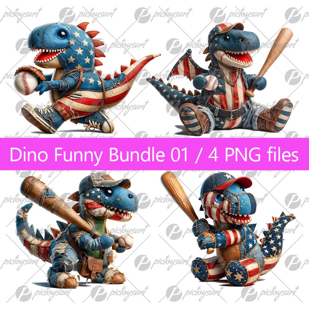 4 PNG Dino Baseball Bundle, Sports Dinosaur, Cute Patchwork Reptile ...