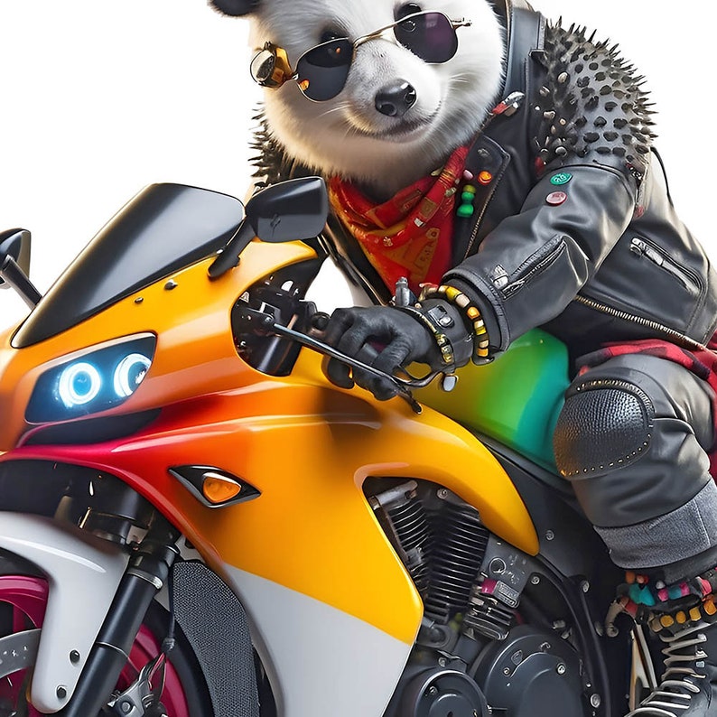 Panda Punk on Motorcycle, Road Beast, Bamboo Bear Sport Bike, Black and ...