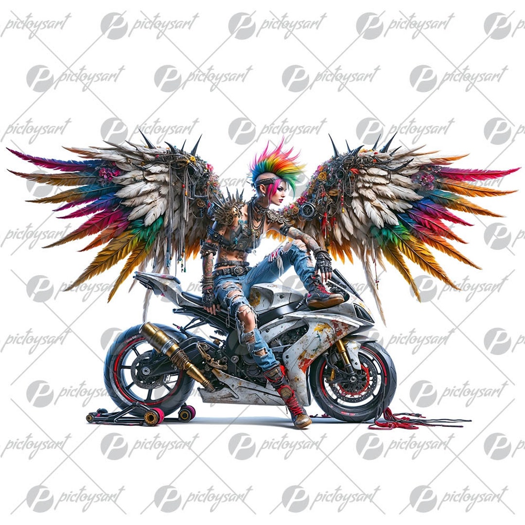 Angel Girl Punk Motorcyclist, Wings Over Road, Angel on Sport Bike ...