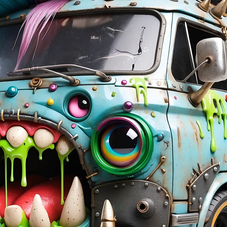Cartoon Minivan, Truck Monster, Funny Car and Colorful Hair, Cute Baby ...