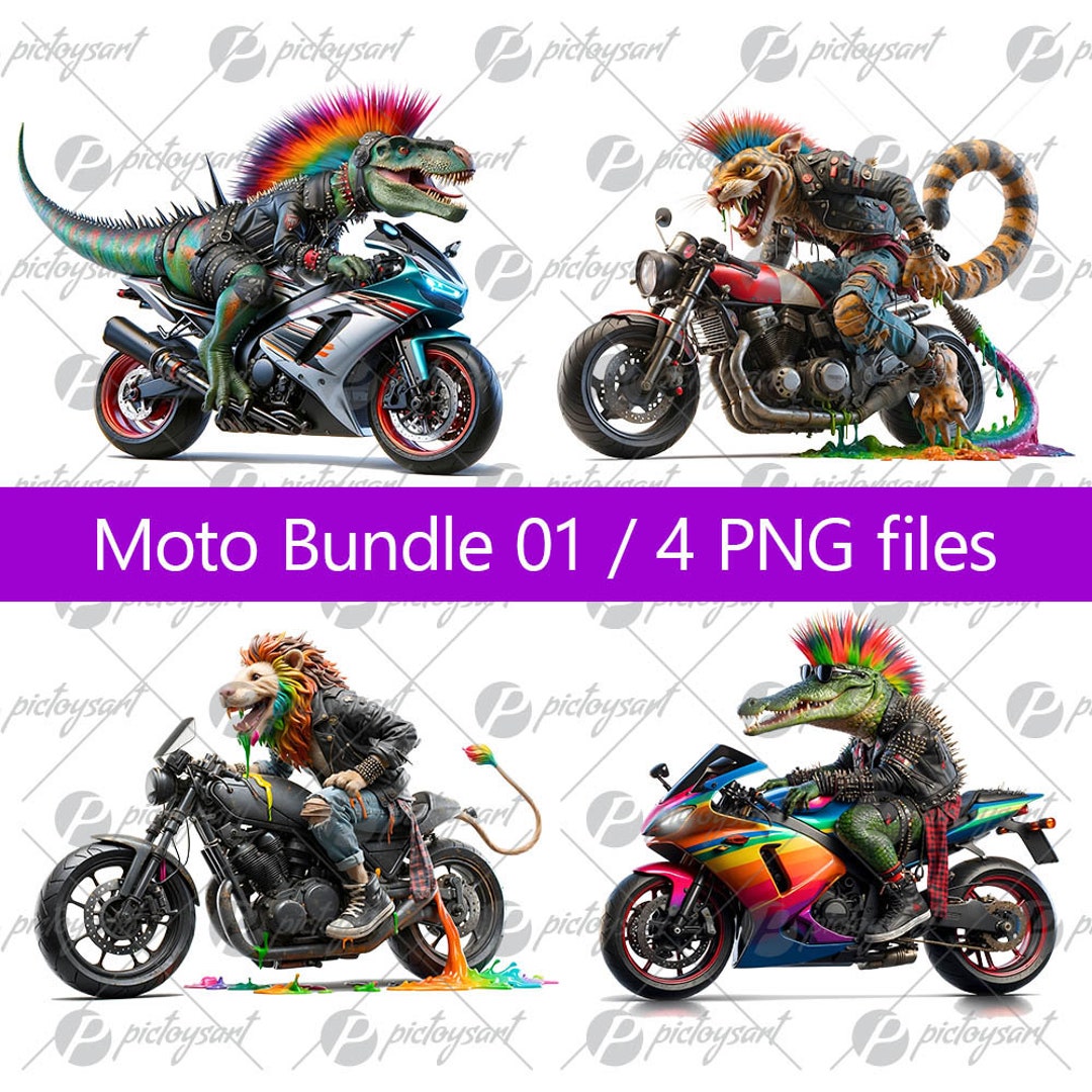 4 PNG Artworks Bundle, Animals on Motorcycle, Dinosaur, Crocodile, Lion ...