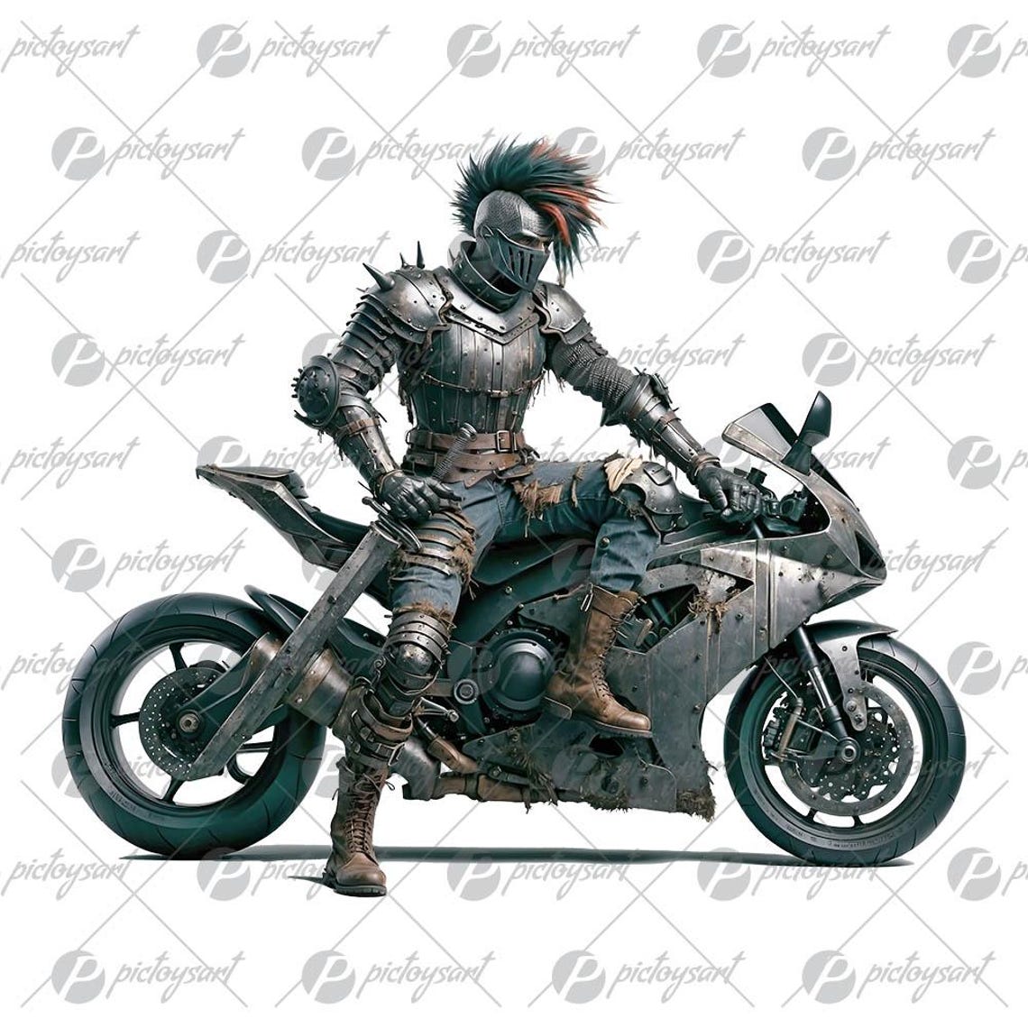 Knight on Sport Bike, Sword and Motorcycle, Steel Road Punk Warrior ...