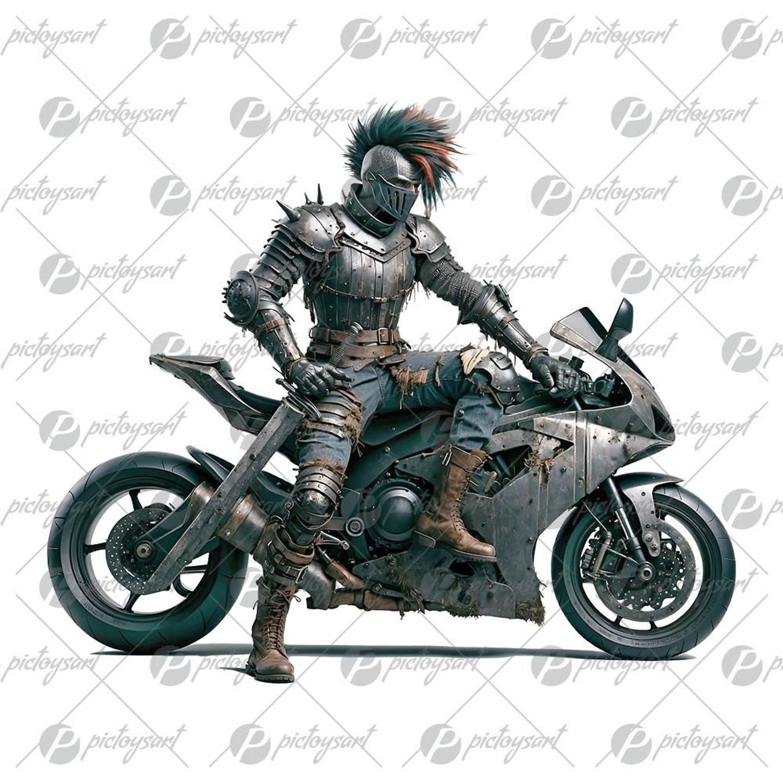 Knight on Sport Bike, Sword and Motorcycle, Steel Road Punk Warrior ...