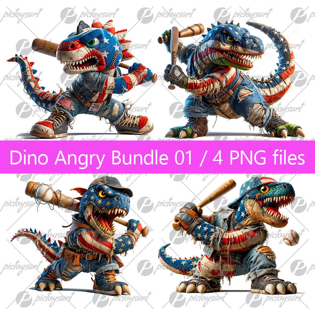 4 PNG Dino Baseball Bundle, Sports Dinosaur, Angry Patchwork Reptile ...