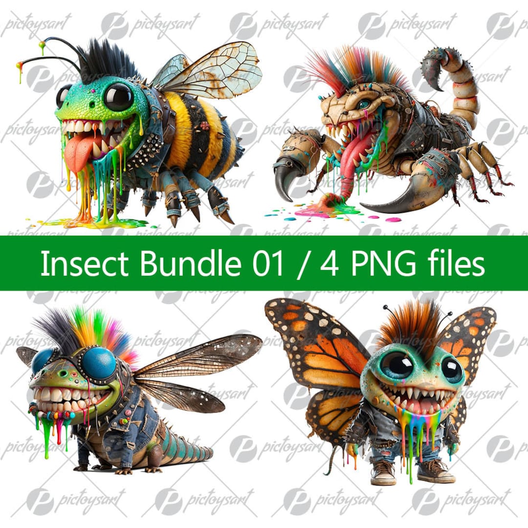 4 PNG Funny Insects Bundle, Cool Punk Insects, Bumblebee, Butterfly ...