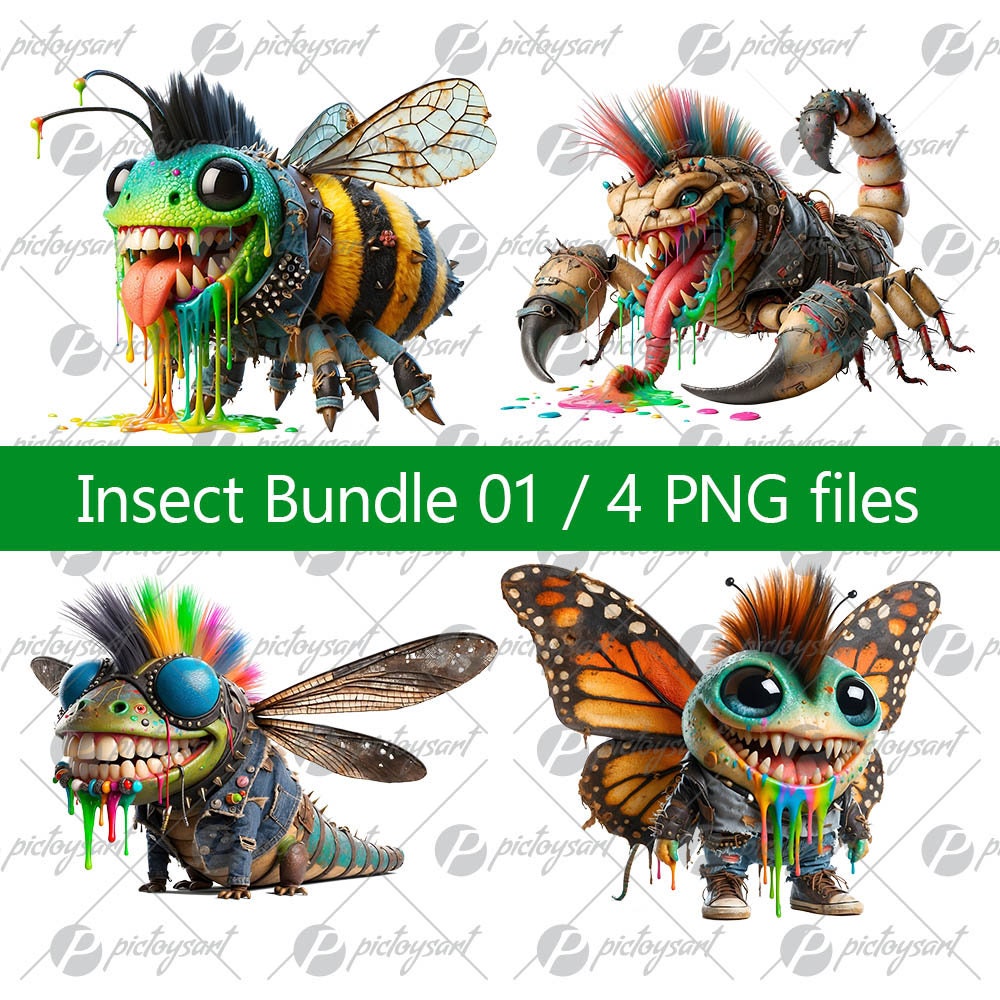 4 PNG Funny Insects Bundle, Cool Punk Insects, Bumblebee, Butterfly ...