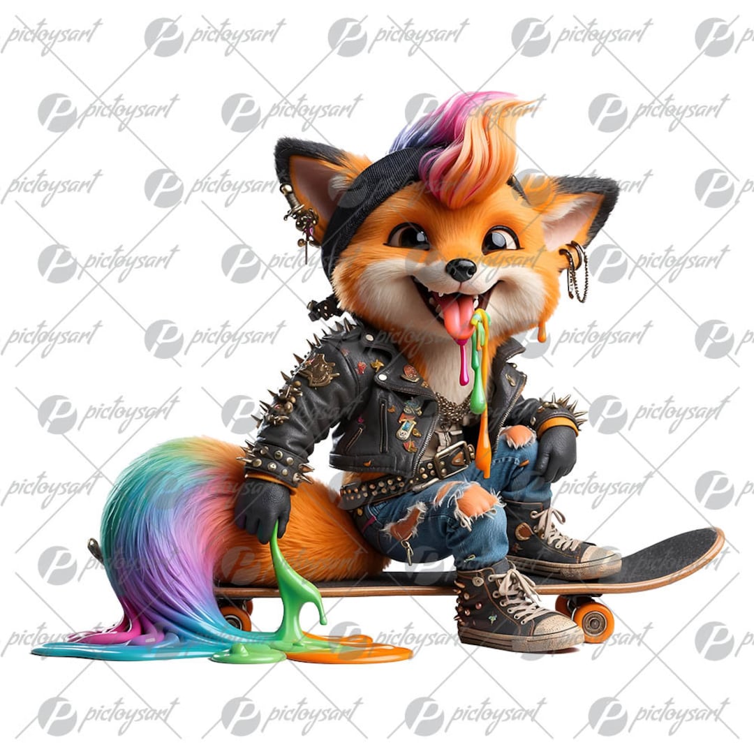 Fox on Skateboard, Cute Fox Punk, Funny Smiling Fox, Printable Animals ...