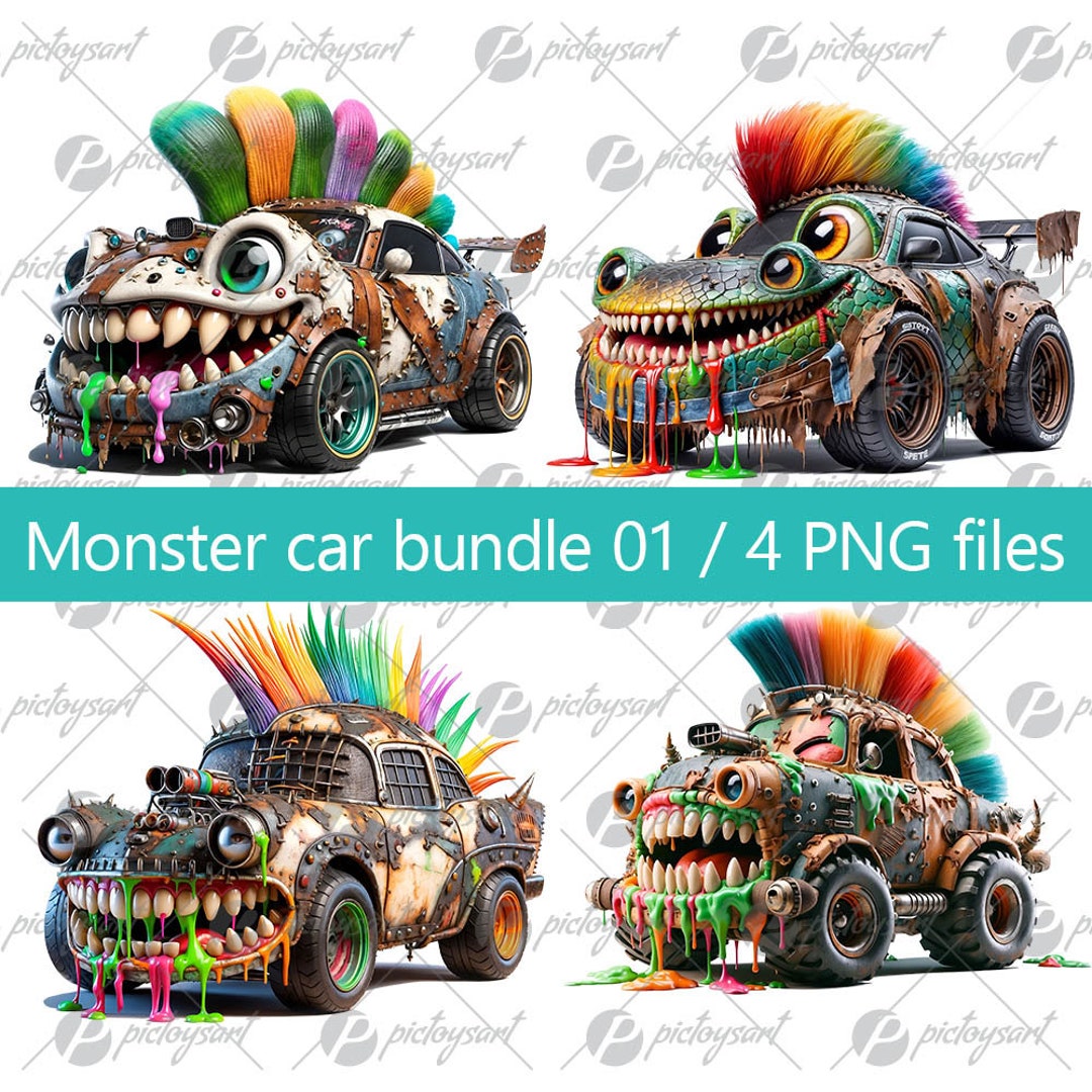4 PNG Monster Cars Bundle, Cartoon Cars, Road Horror, Cool Sports Car ...