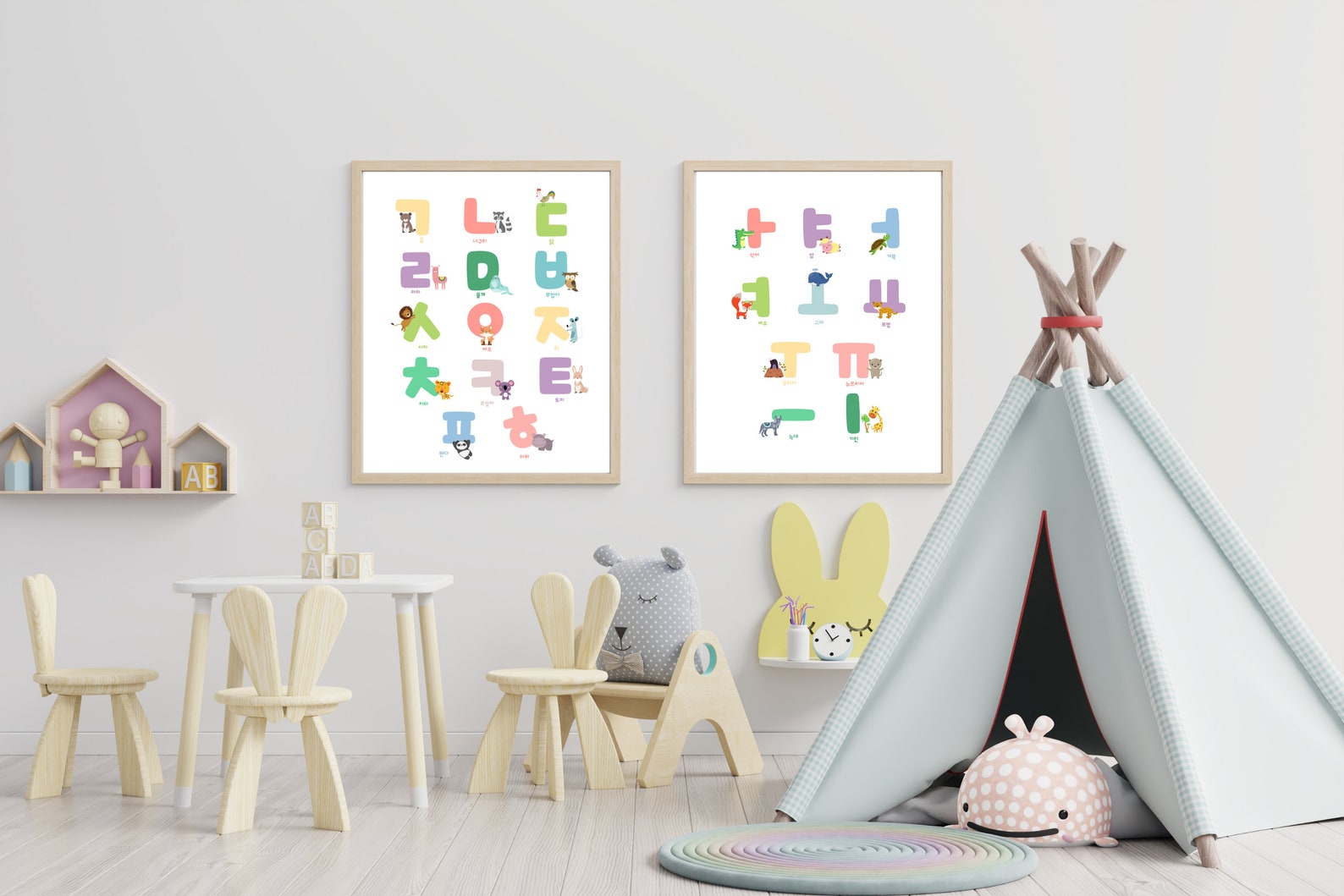 Animal Korean Alphabet Poster, Hangul Educational Poster, Playroom ...